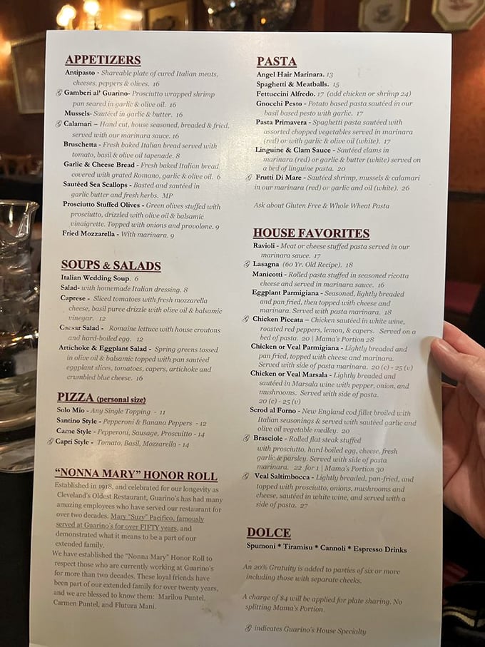 The menu reads like an Italian grandmother's diary of greatest hits, with the "60 Yr. Old Recipe" lasagna practically begging to be ordered.