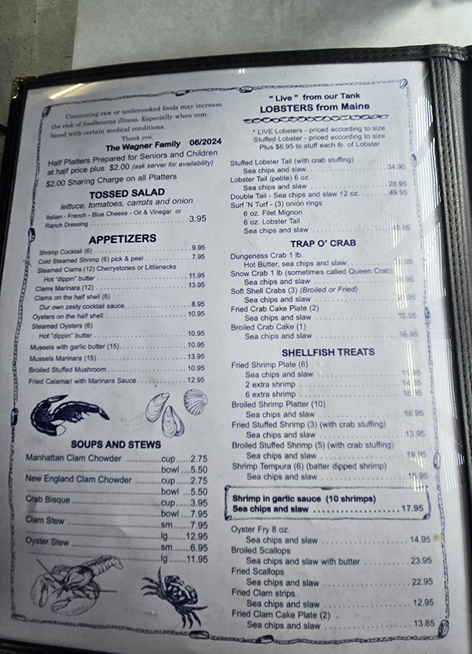 A menu that reads like poetry to seafood lovers. "Hot dippin' butter" appears so often it deserves its own area code.