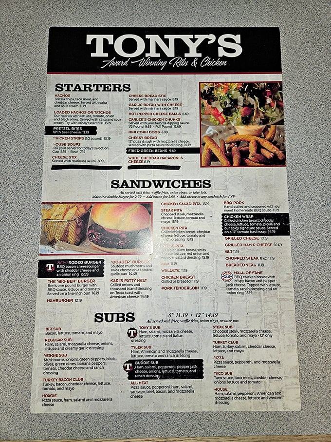 The menu at Tony's reads like a greatest hits album of American comfort classics, where every item has earned its place through years of customer devotion.