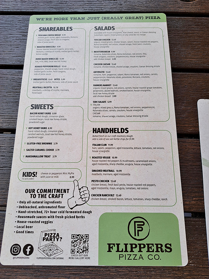 The menu reveals Flippers' secret weapon: 72+ hour cold fermented dough. Some relationships don't last that long, but this commitment pays off.