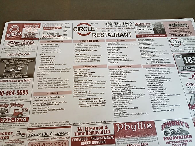 The menu doubles as local advertising, a charming small-town touch that tells you you're somewhere authentic, not some cookie-cutter chain.