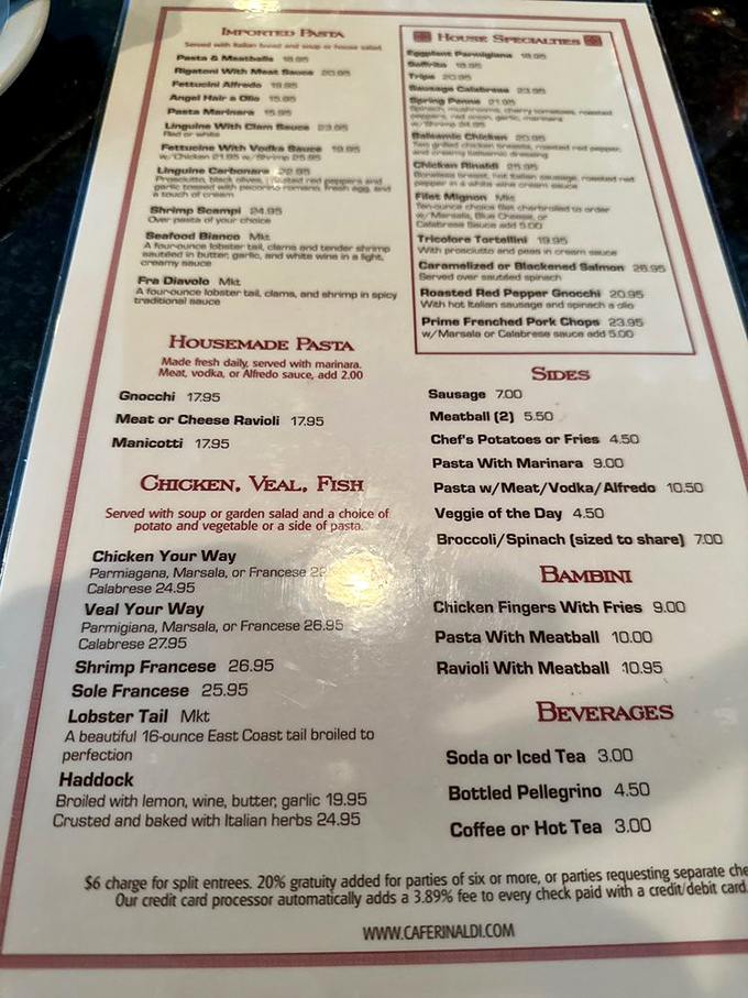 A menu that reads like an Italian grandmother's greatest hits collection. Each dish promises comfort wrapped in culinary expertise.