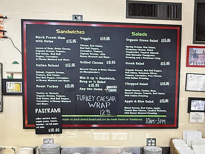 The menu board reads like a love letter to lunch classics. That Turkey Caesar Wrap is calling my name louder than my high school crush never did.