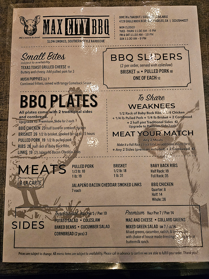 The menu reads like barbecue poetry&mdash;each item promising a different journey through smoke, spice, and everything nice.