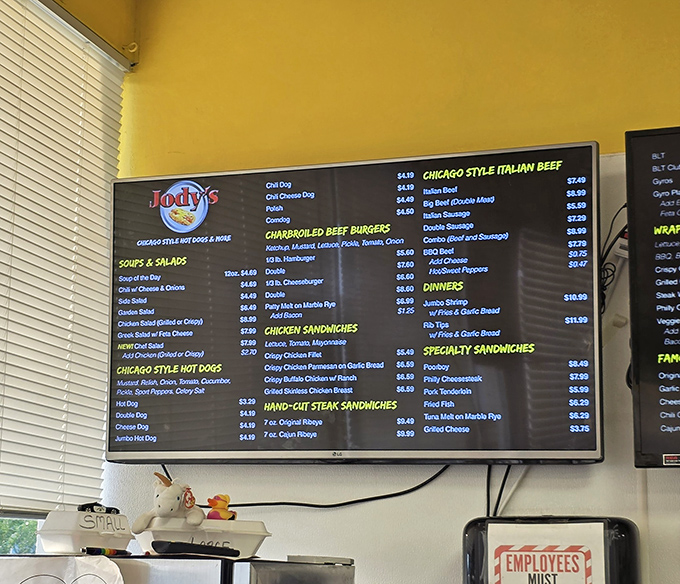 The menu board tells a story of American comfort food classics, each item a potential answer to "What am I craving today?"