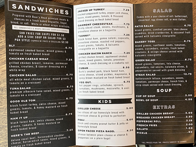 The menu reads like a love letter to lunch possibilities. Each sandwich description is a tiny poem of culinary potential.