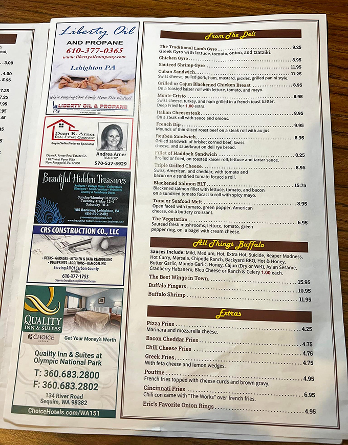 A menu that reads like comfort food poetry, where every deli sandwich tells a story and buffalo wings promise to take flight.