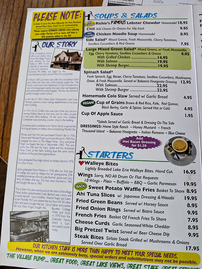 The menu tells stories of Great Lakes bounty &ndash; lobster chowder, walleye bites, and perch sandwiches that have launched a thousand ferry trips.