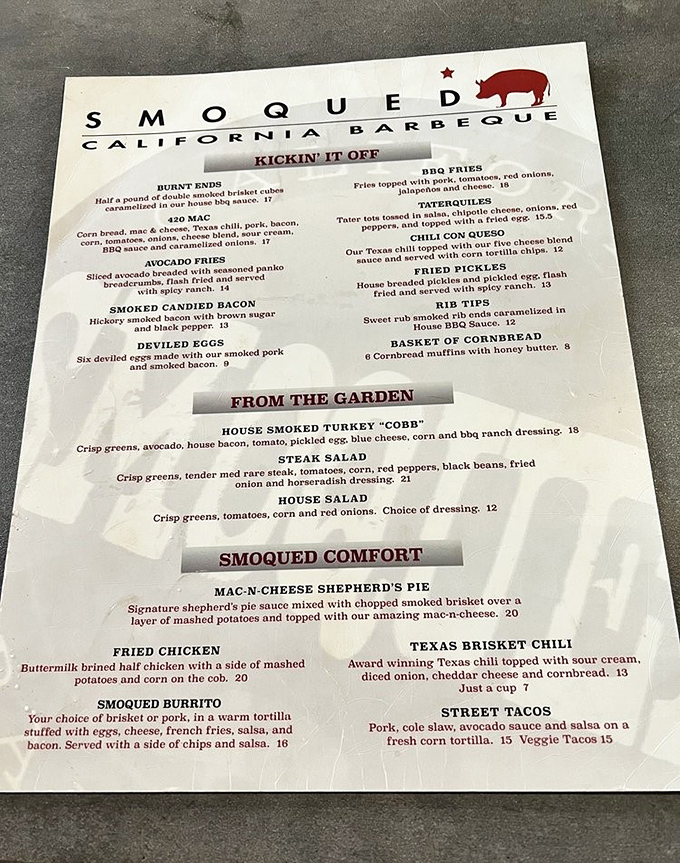 This menu isn't just a list of food&mdash;it's a roadmap to happiness with stops at Burnt Ends Boulevard and Mac-N-Cheese Mountain.