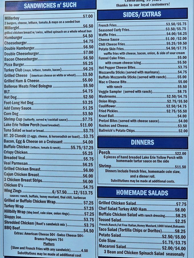 This menu isn't just a list of food&mdash;it's a roadmap to happiness. From the signature Millerboy to Lake Erie perch, choices that speak to Ohio's soul.
