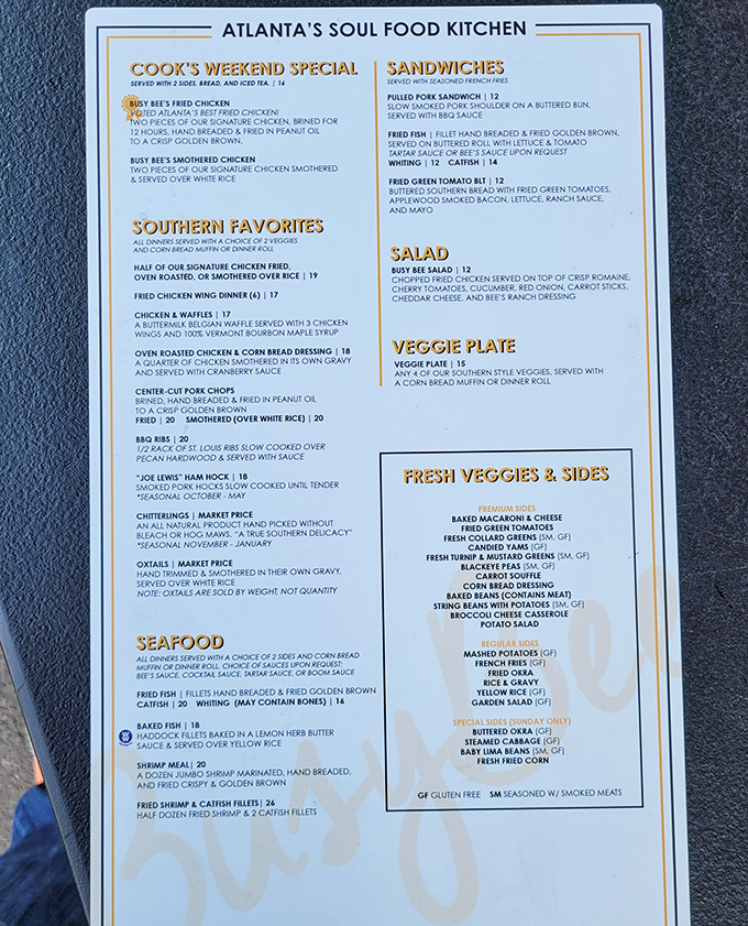 This menu isn't just a list of dishes&mdash;it's a roadmap to happiness. Each section promises a different journey into Southern comfort.