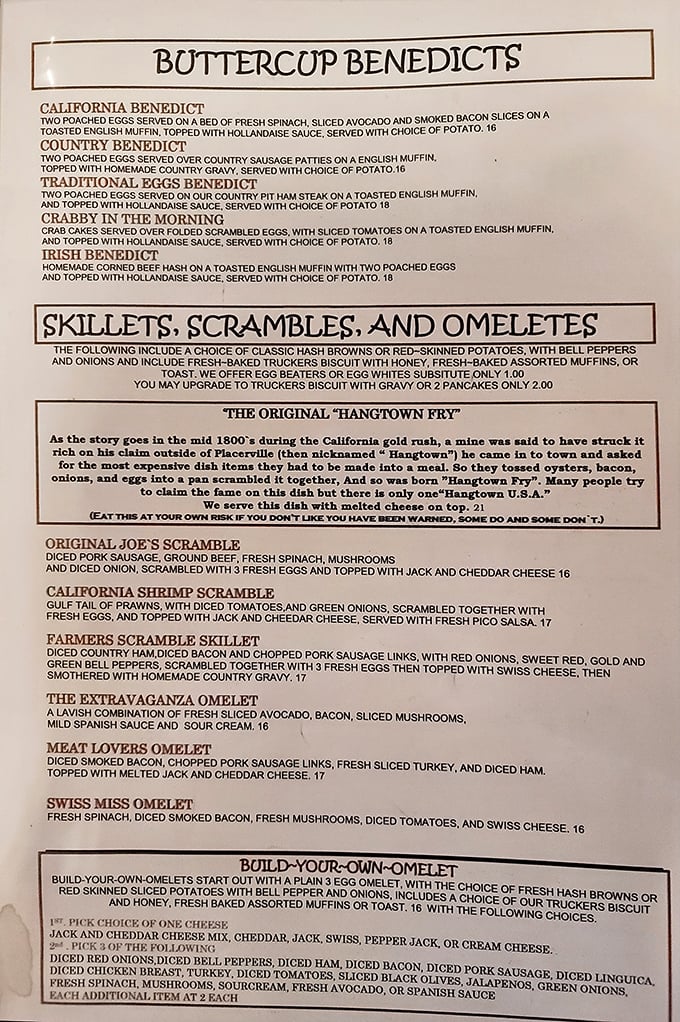 The menu reads like a love letter to breakfast classics. That Hangtown Fry story alone is worth the trip!