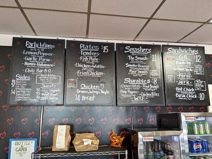 The chalkboard menu reads like poetry to hungry souls. Each option promises crispy, juicy salvation in various delicious forms.