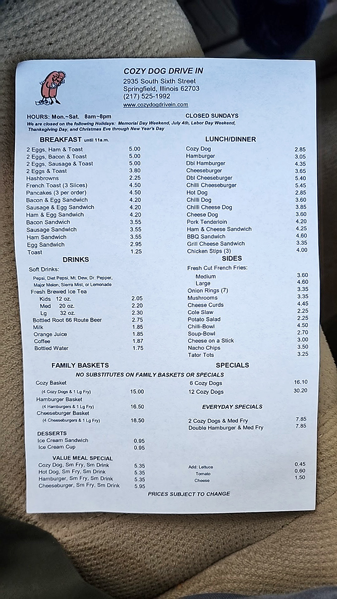 A menu that hasn't changed much since cars had fins. Sometimes perfection doesn't need updating.