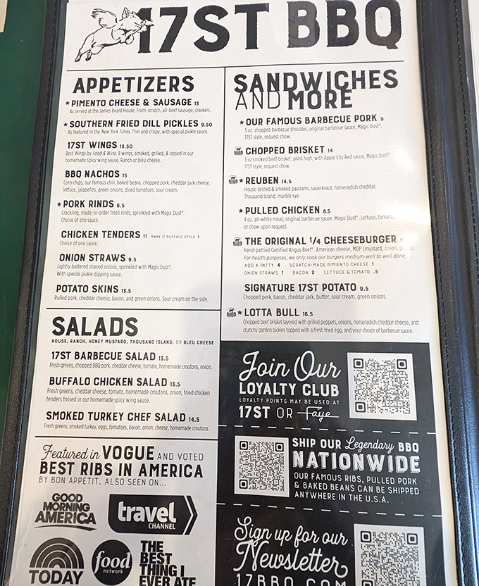 The menu doesn't mince words—it's a roadmap to smoked meat nirvana, with accolades from Vogue to Food Network proudly displayed.