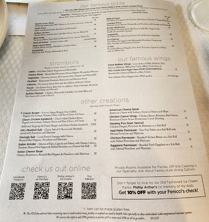 The menu reads like a love letter to Italian-American cuisine. That upside-down pizza has my name written all over it!