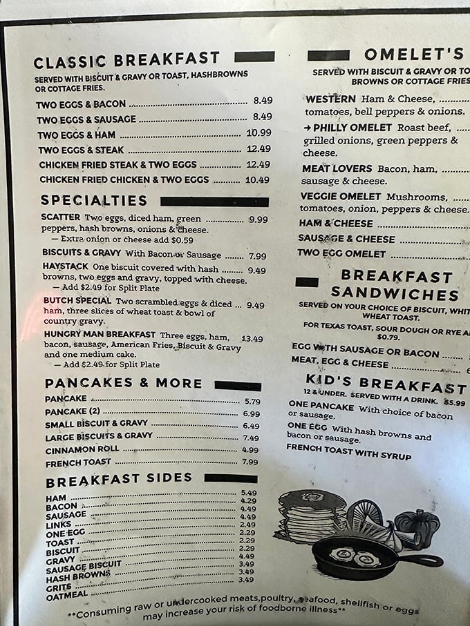 This menu reads like a greatest hits album of American breakfast classics. The "Hungry Man Breakfast" isn't just a meal&mdash;it's a delicious challenge.