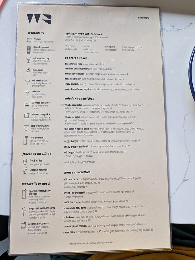 A menu that reads like a culinary adventure map, with yakitori skewers and creative cocktails plotting a course through global flavors.