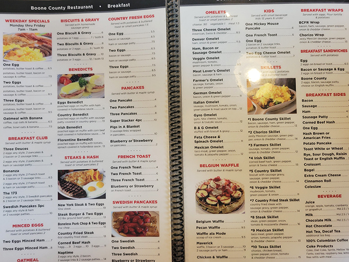 A menu that reads like a love letter to American comfort food. Breakfast all day? That's not just hospitality&mdash;that's practically therapy.