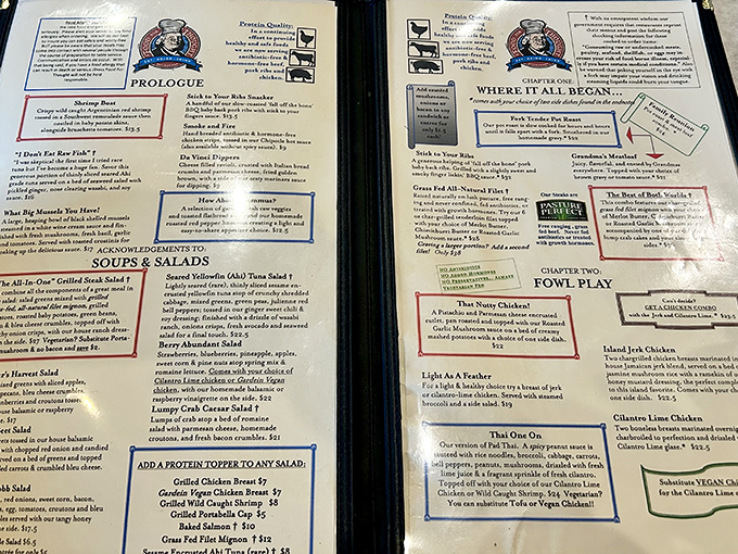 The menu reads like chapters in a book of culinary wisdom, with clever names that feed your mind before the food arrives.