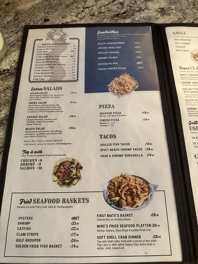 A menu that reads like a love letter to the Gulf. Notice how they thoughtfully explain that soft shell crabs are entirely edible!