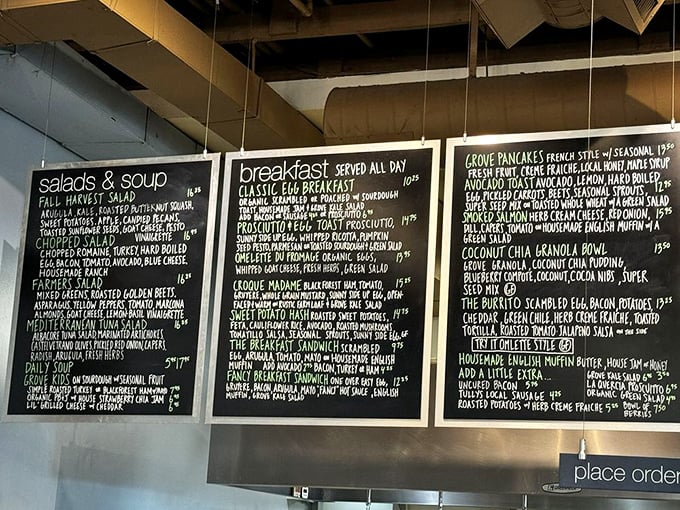 The chalkboard menu reads like poetry for the hungry soul. Each item promises a culinary adventure worth the morning pilgrimage.