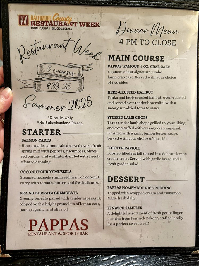 Restaurant Week specials showcase Pappas' famous 8 oz. crab cake alongside tempting seasonal offerings. The menu reads like a love letter to Maryland seafood.