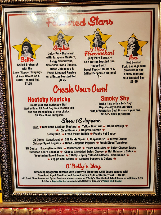 The "Featured Stars" menu reads like a burlesque playbill for your taste buds. Each hot dog has a personality as distinct as its namesake.