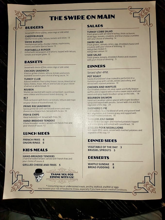 The menu reads like a love letter to comfort food, with that fish and chips calling your name from the bottom left.