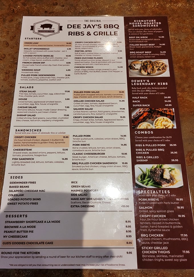 The menu reads like a carnivore's dream journal. "Dewey's Legendary Ribs" isn't just clever marketing&mdash;it's truth in advertising you can taste.