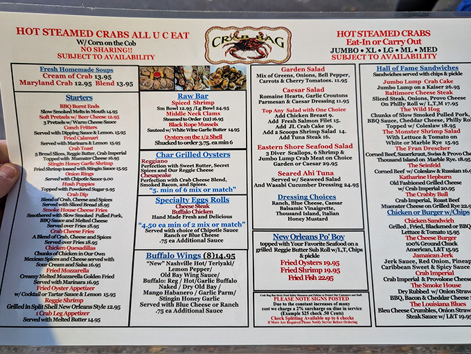This menu reads like a love letter to the Chesapeake Bay, offering everything from steamed crabs to buffalo wings for the indecisive.