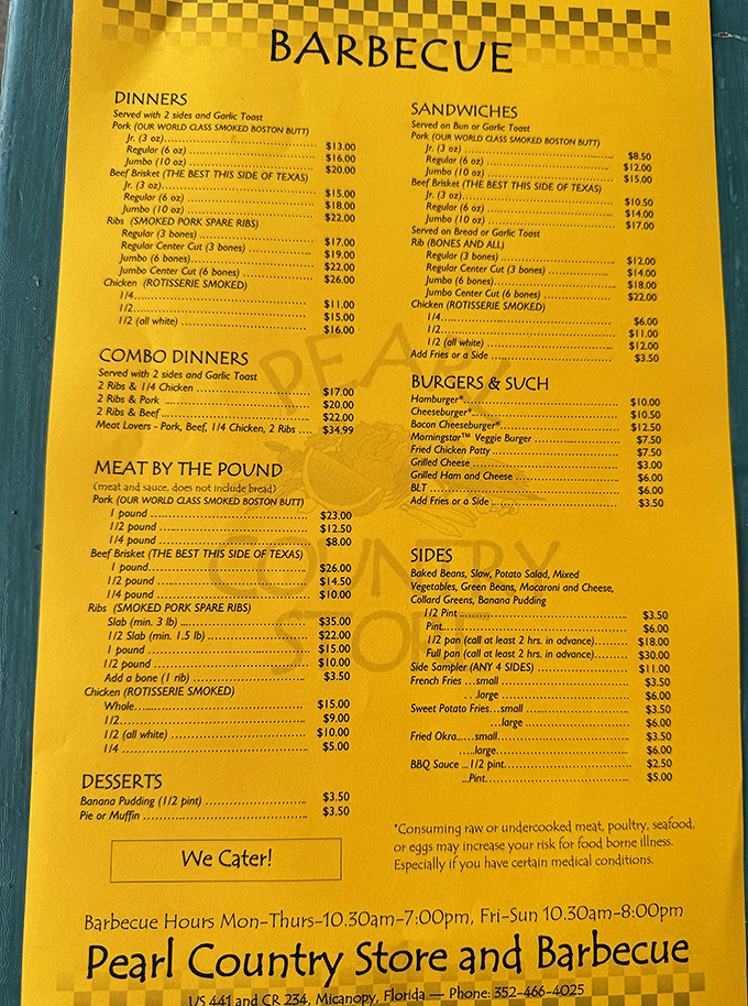 The golden menu of dreams. Each line represents a potential life-changing barbecue experience, with brisket boldly claiming Texas-level excellence.