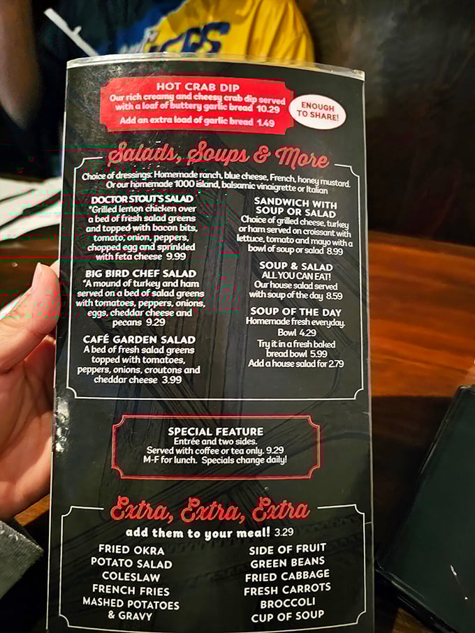 The menu reads like a love letter to comfort food classics. That Hot Crab Dip with buttery garlic bread? "Enough to share" is technically true but emotionally challenging.