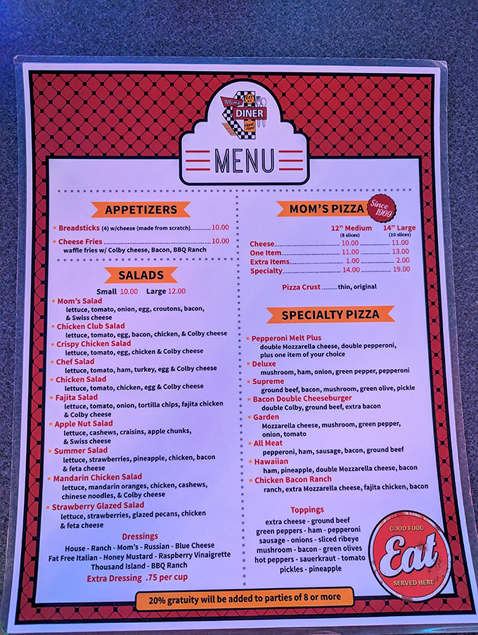This menu isn't just offering food&mdash;it's presenting life choices. Do you go for the pizza that's calling your name, or the salad your doctor would high-five you for?