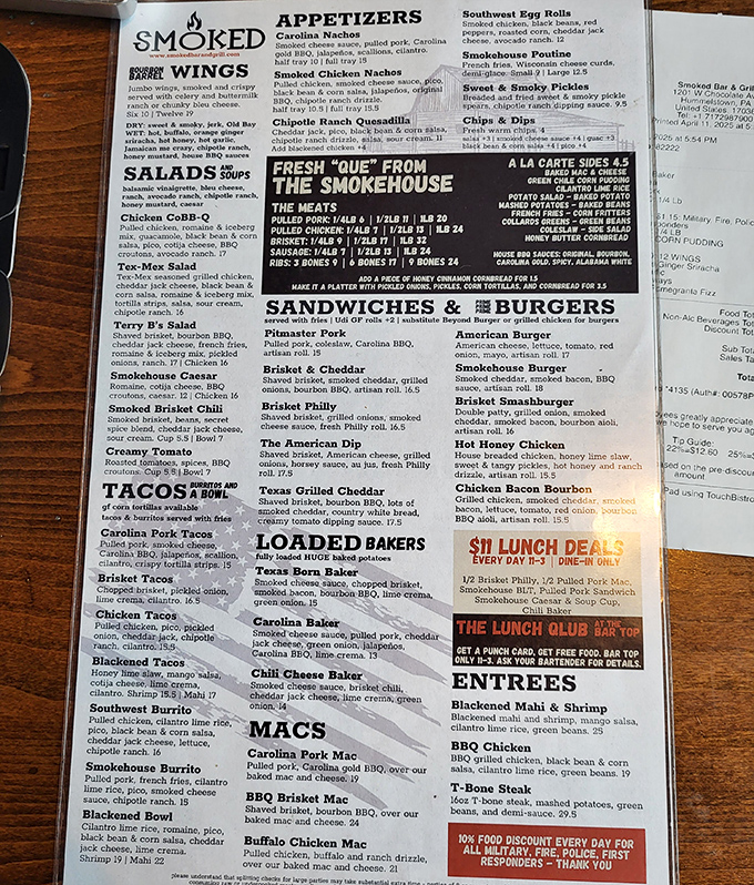 The menu reads like a love letter to smoked meat enthusiasts &ndash; a roadmap to happiness with detours through brisket, pulled pork, and loaded bakers.