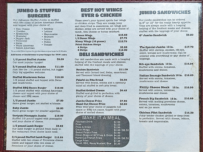 A menu that doesn't mess around&mdash;when they say "Jumbo & Stuffed," they mean business. Reading this is like planning a delicious adventure.