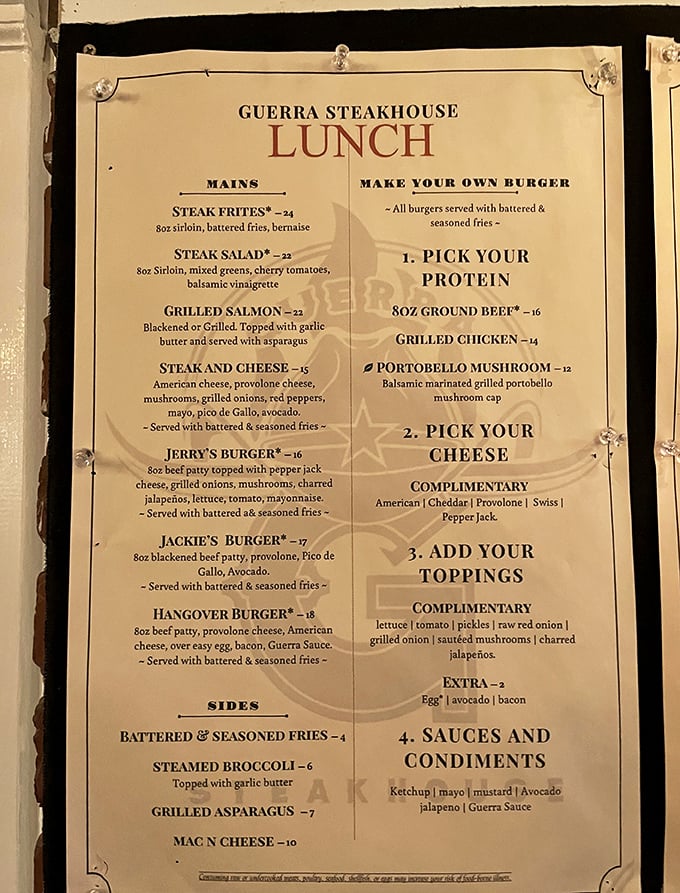 The lunch menu reads like a love letter to carnivores, with options from classic Steak Frites to the intriguingly named "Hangover Burger."