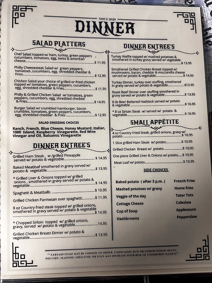 This menu reads like a love letter to American classics, with that spaghetti special hiding in plain sight among diner favorites.