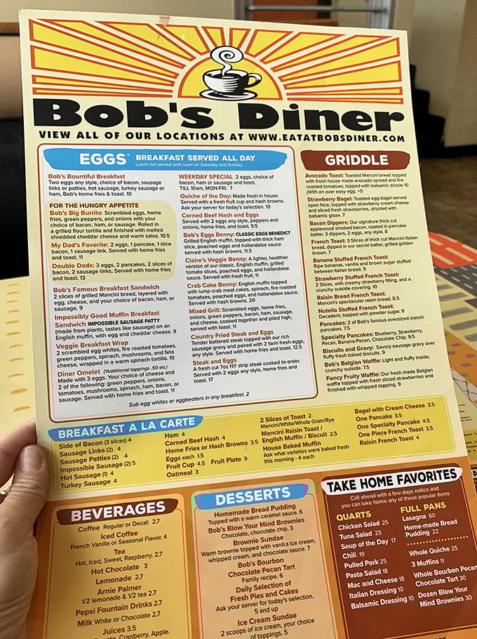 This menu isn't just reading material&mdash;it's a roadmap to happiness. The "Impossible Breakfast Sandwich" isn't named for its ingredients but for your chances of finishing it. 
