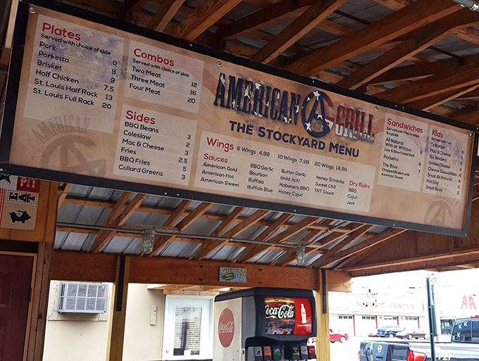 The Stockyard Menu looms large, displaying wing counts and meat options that'll have you doing delicious math.