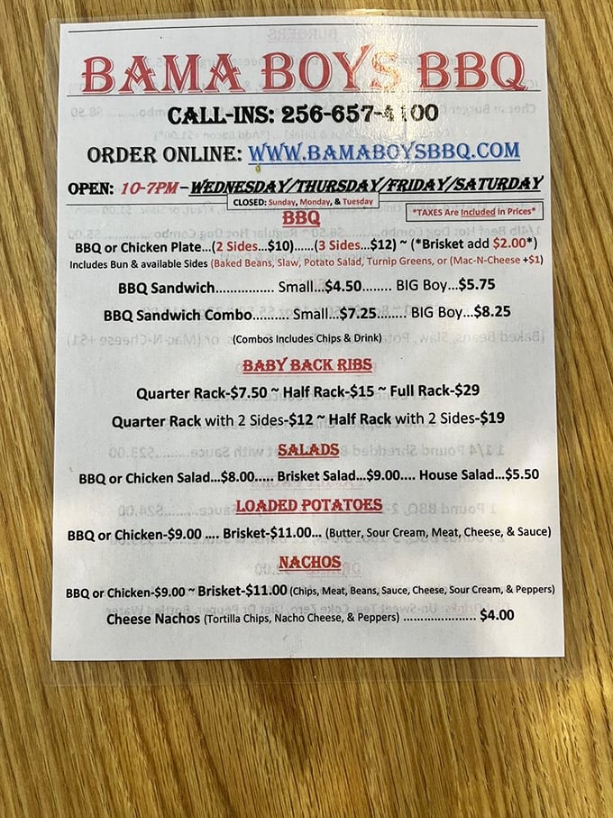 A menu that cuts right to the chase. No fancy descriptions needed when your barbecue speaks volumes with every bite.