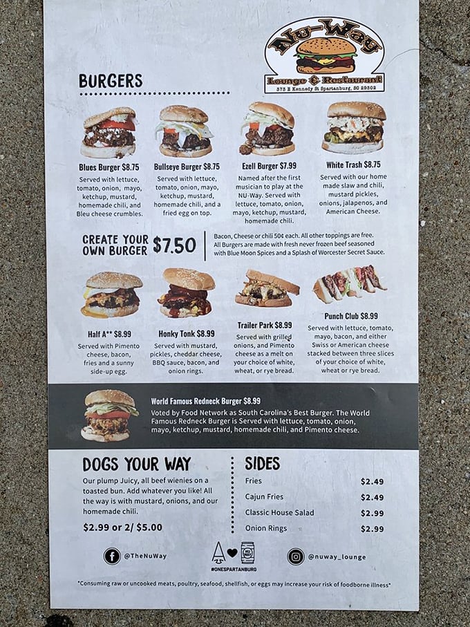 This menu isn't just a list of options &ndash; it's a roadmap to happiness. The "World Famous Redneck Burger" isn't bragging; it's just stating facts.