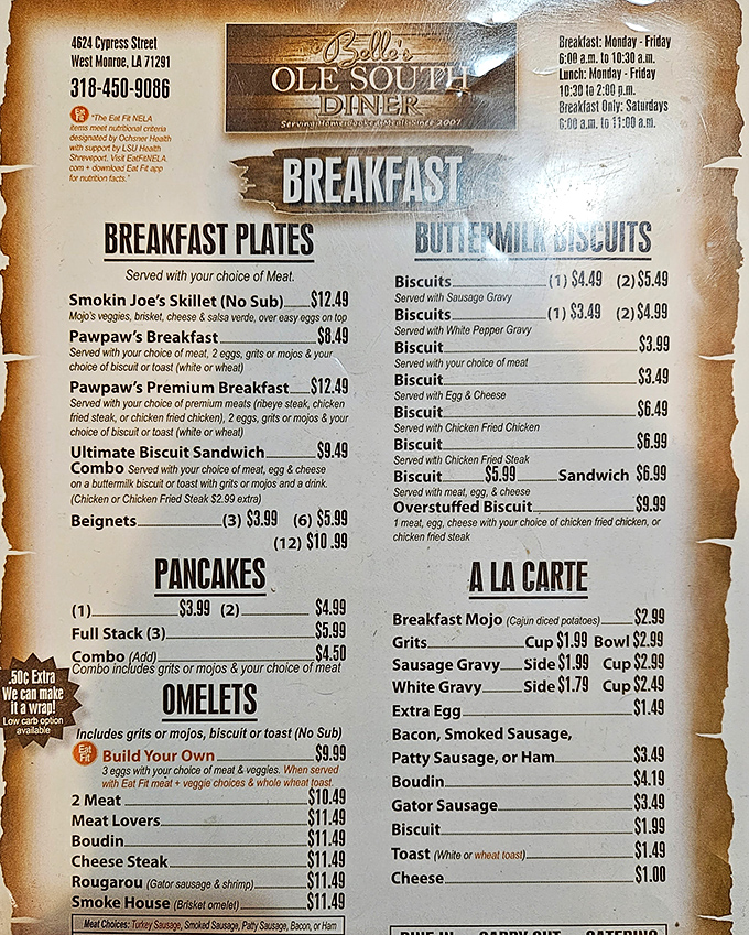 This isn't just a menu&mdash;it's a roadmap to happiness. The "Rougarou" omelet with alligator sausage and shrimp might just be the most Louisiana breakfast ever conceived.