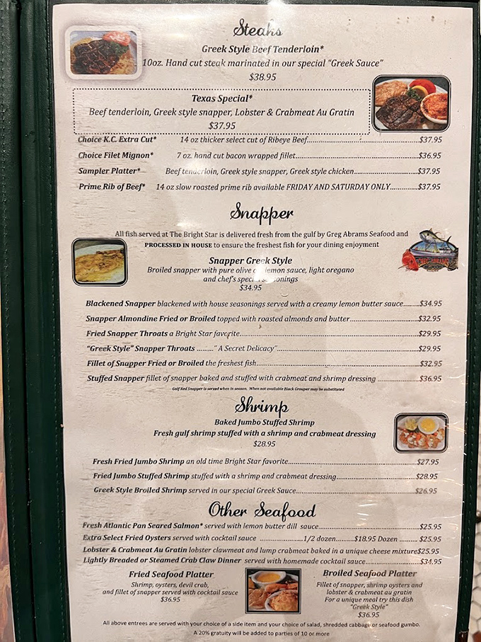 The menu reads like a love letter to Greek-Southern fusion, with the legendary stuffed snapper taking center stage among an impressive seafood lineup.