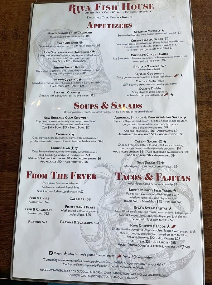 A menu that reads like a love letter to the ocean, with the legendary fish and chips prominently featured under "From The Fryer."