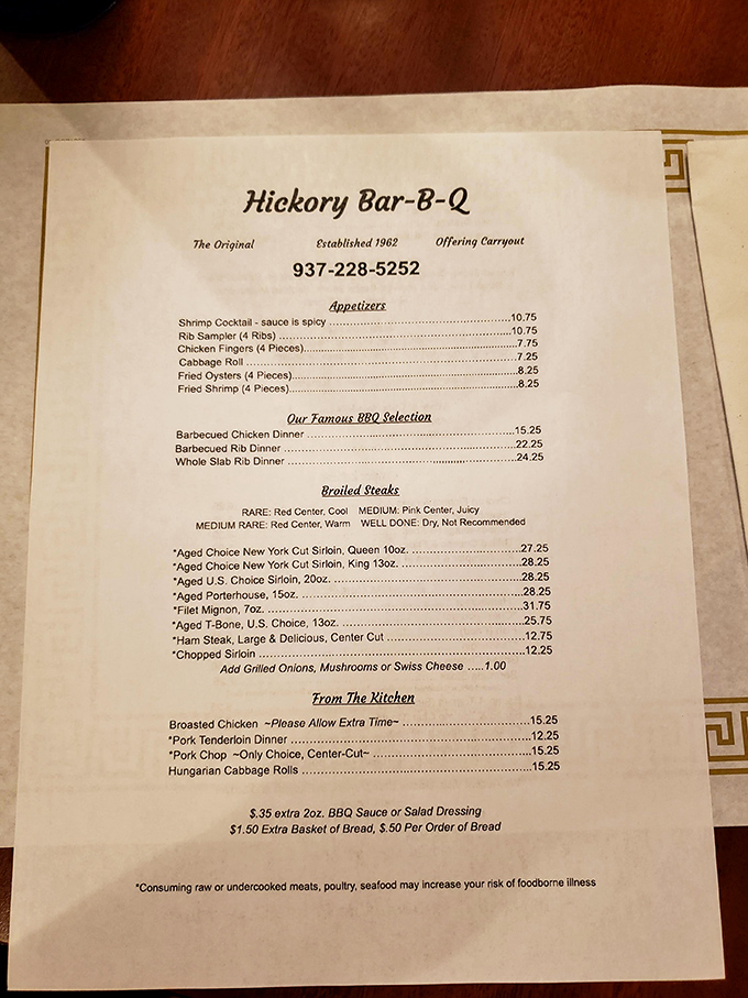 A menu that hasn't changed much over the decades, because when you've perfected something, why mess with success? That "sauce is spicy" note is the understatement of the century.