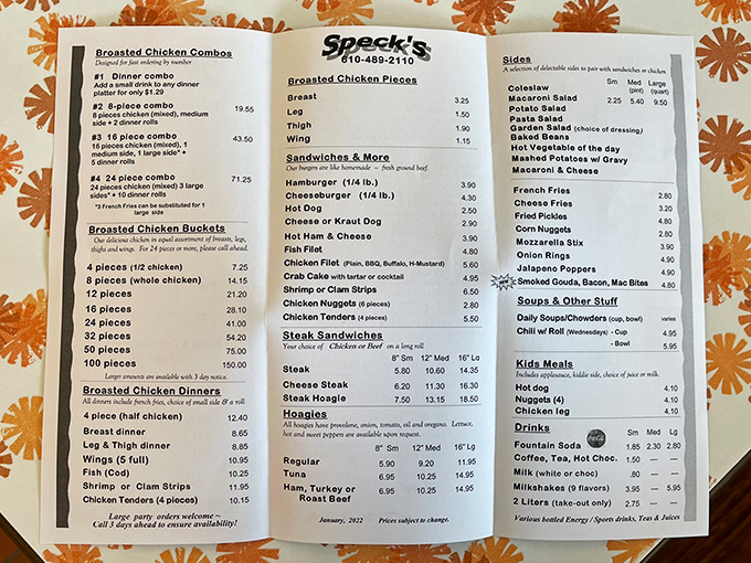 The menu reads like a love letter to simpler times, when "broasted" was the magic word and combo meals came with real sides.