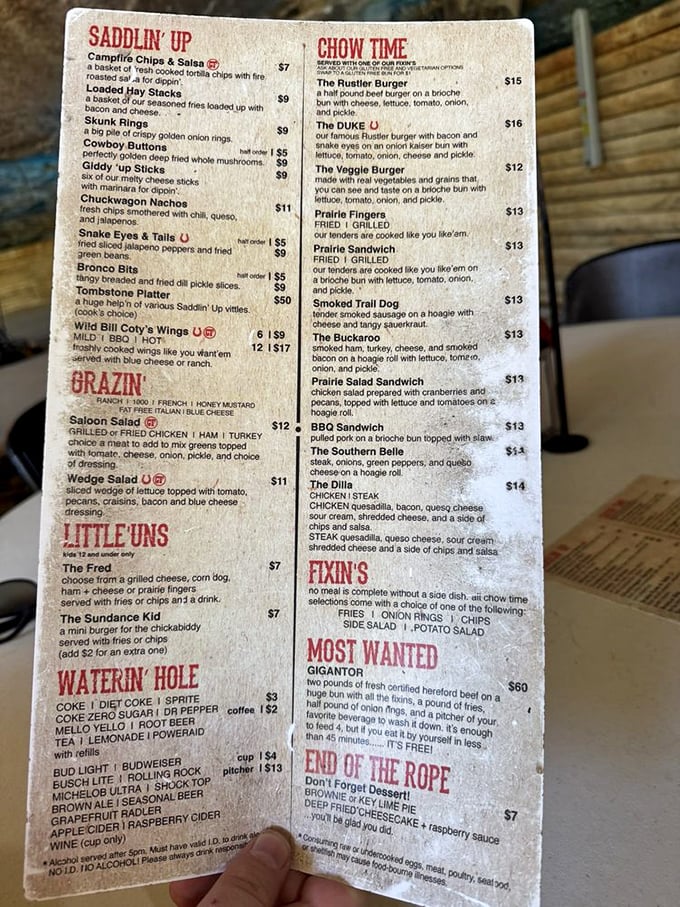 The menu reads like a Wild West wanted poster, with "culprits" like Skunk Rings and Snake Eyes that are guilty only of being deliciously creative takes on comfort food classics.