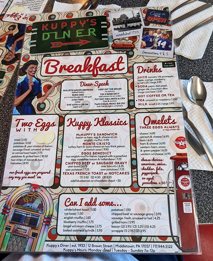 This menu isn't just a list of food&mdash;it's a roadmap to happiness with "Diner Speak" translations that make you feel like an insider from your first cup of joe.