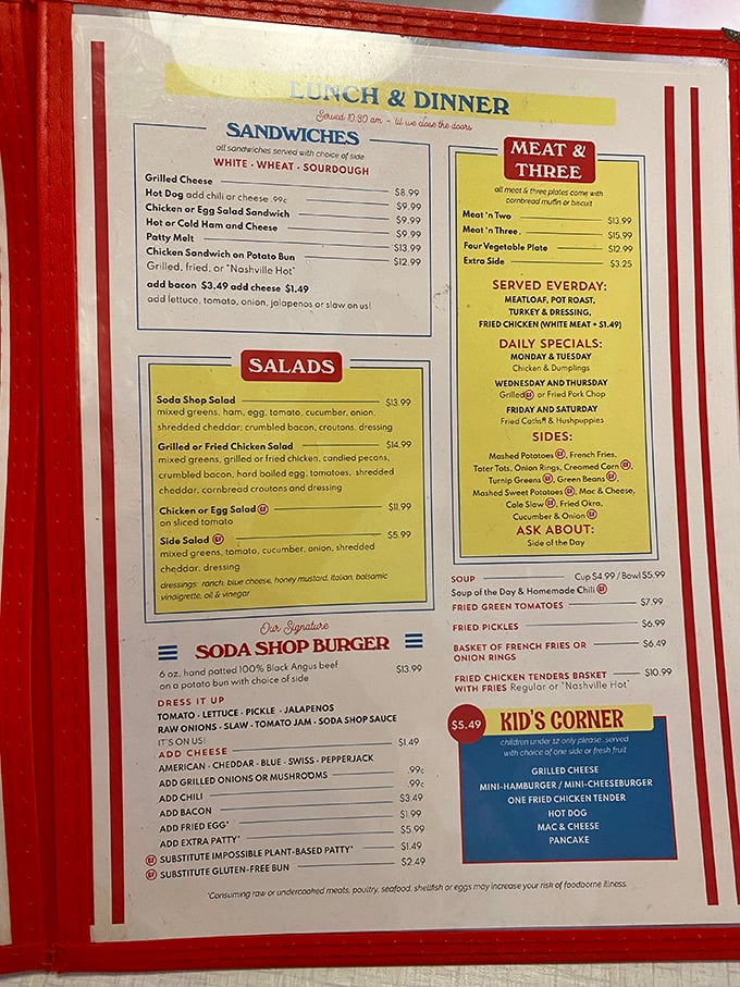 This isn't just a menu &ndash; it's a roadmap to happiness. The "Meat & Three" section might as well be labeled "Why You Came Here."